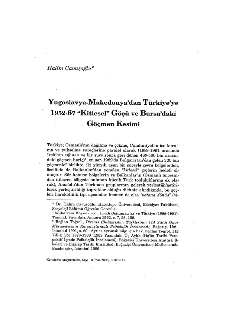 Yugoslavya-Makedonya'dan T - Rkiye'ye 1952-67 Kitlesel G - Ve Bursa'daki G - Men Kesimi (#124383 ...