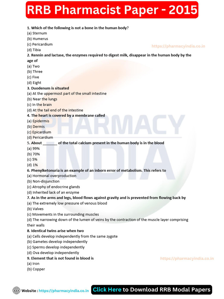 RRB Pharmacist Exam Paper 2015 | PDF