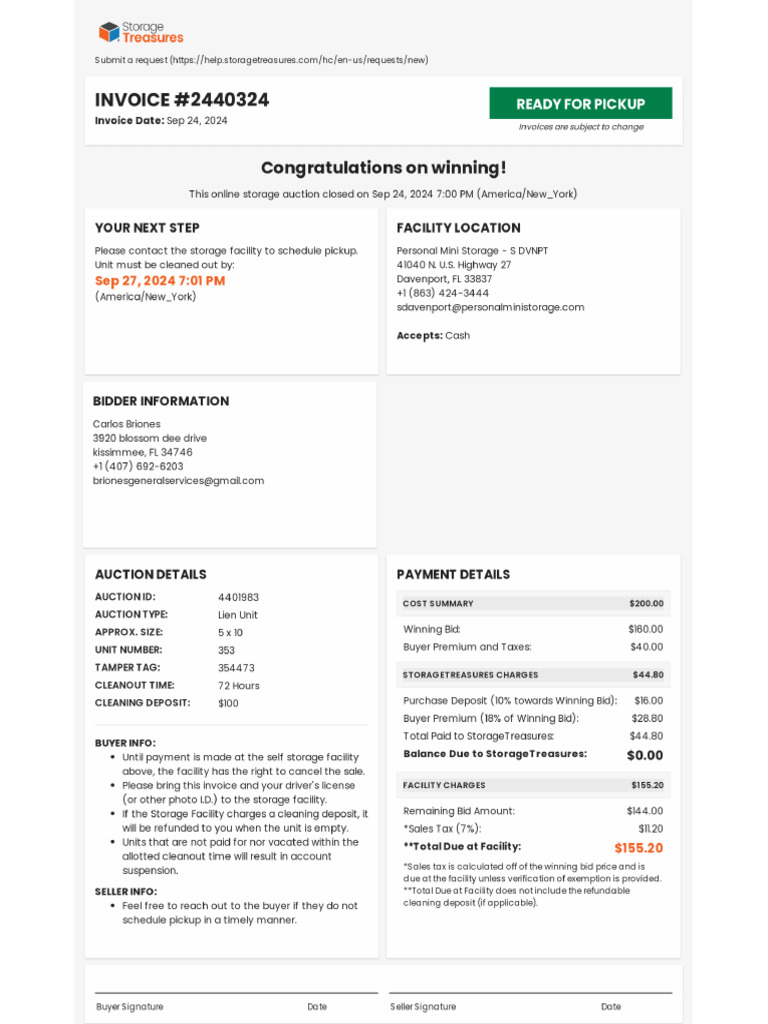 StorageTreasures Invoice 2440324 | PDF