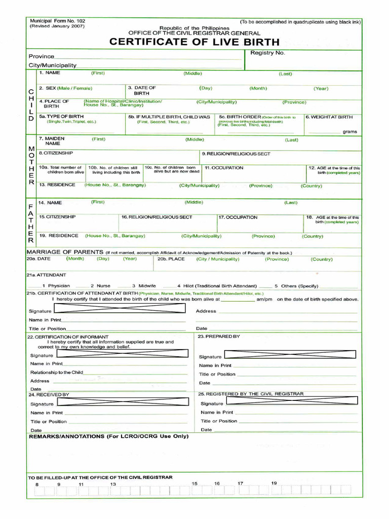 Main - Form 102 Certificate Live Birth | PDF