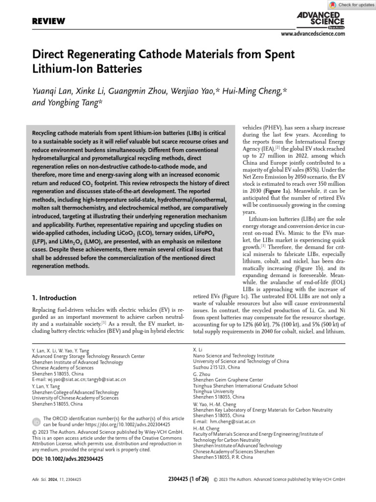 Advanced Science - 2023 - Lan - Direct Regenerating Cathode Materials ...