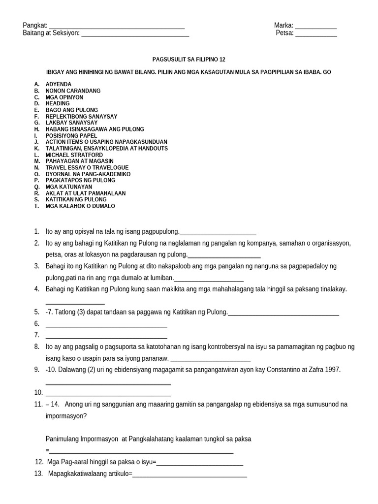 Aka Final Exam Filipino | PDF