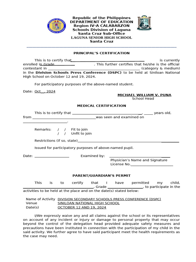 Parent Consent SCH Med Certs For 2024 DSPC | PDF