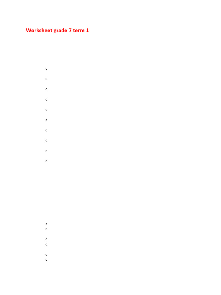 Worksheet Grade 7 Term 1 | PDF