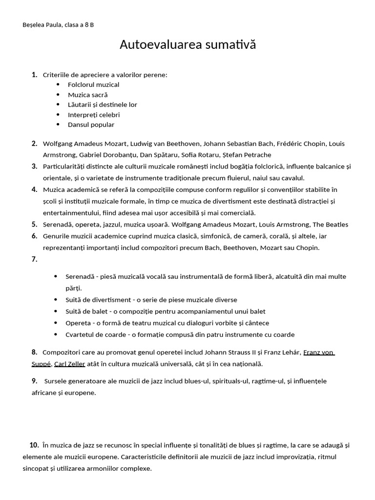 Autoevaluarea Sumativă, Educatia Muzicală | PDF