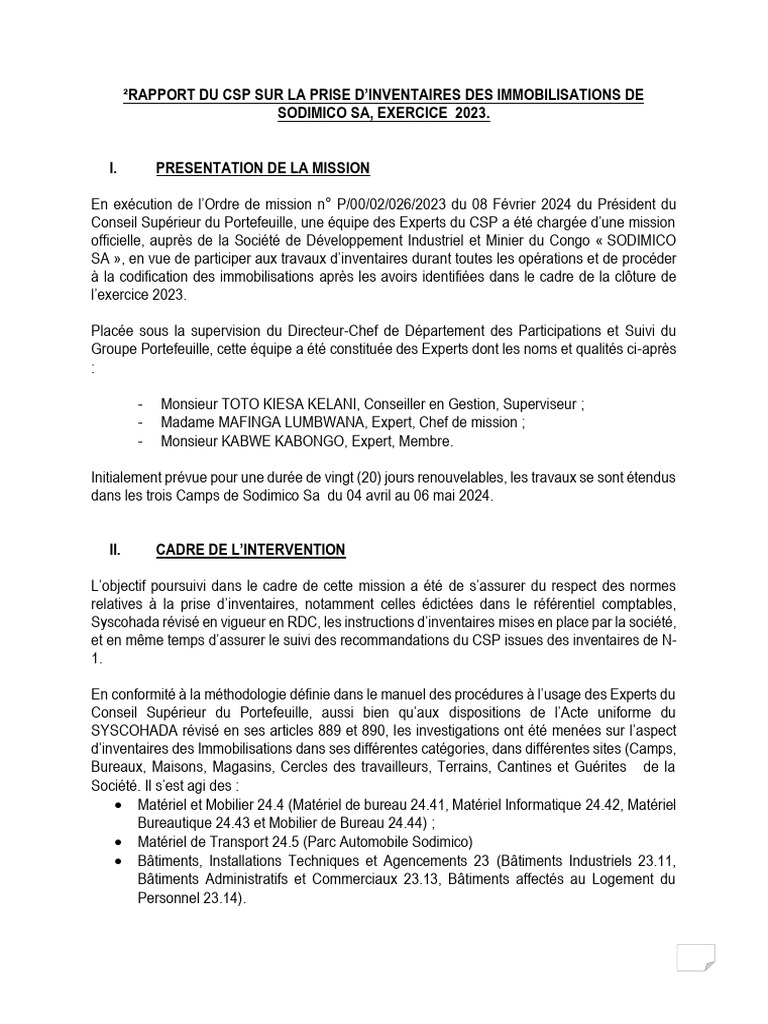 RAPPORT DU CSP SUR LA PRISE D'INVENTAIRES DES IMMOS DE SODIMICO SA ...