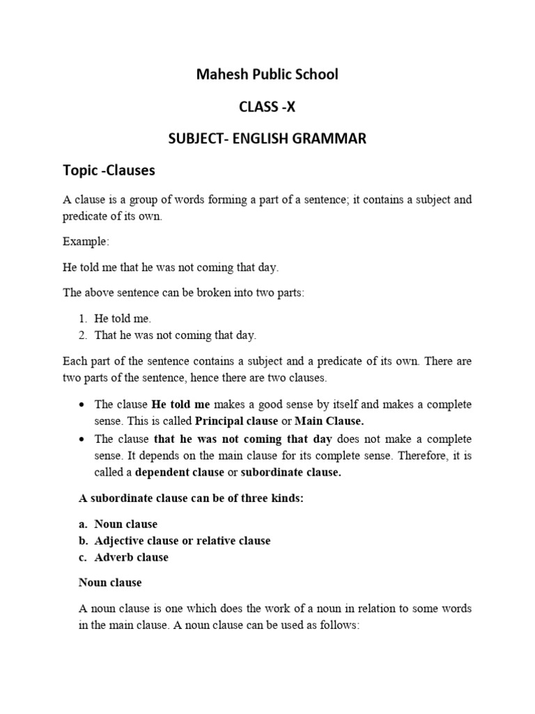 152download. - 0class X English Clauses | PDF