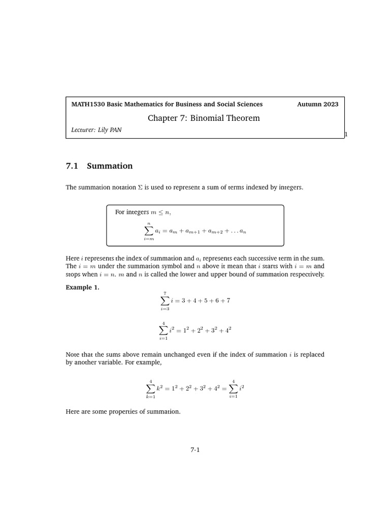 MATH1530 chp7 Binomial Theorem | PDF