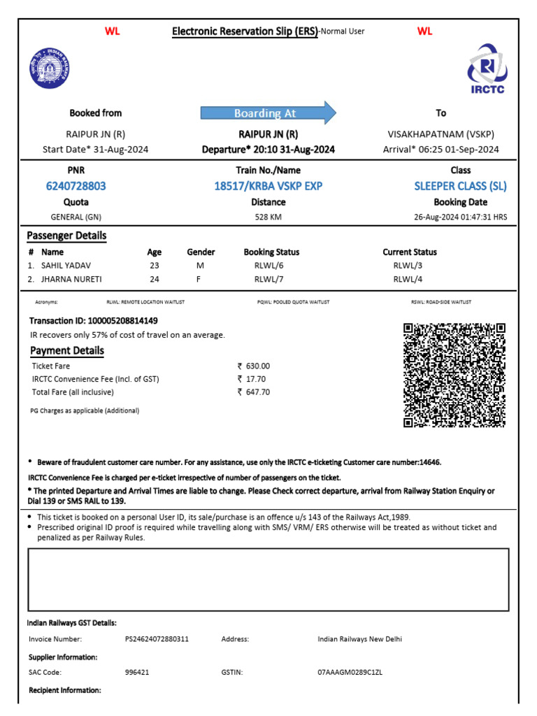 18517/krba VSKP Exp Sleeper Class (SL) : WL WL | PDF