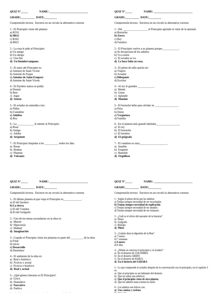 QUIZZ 8 Básico EL PRINCIPITO | PDF