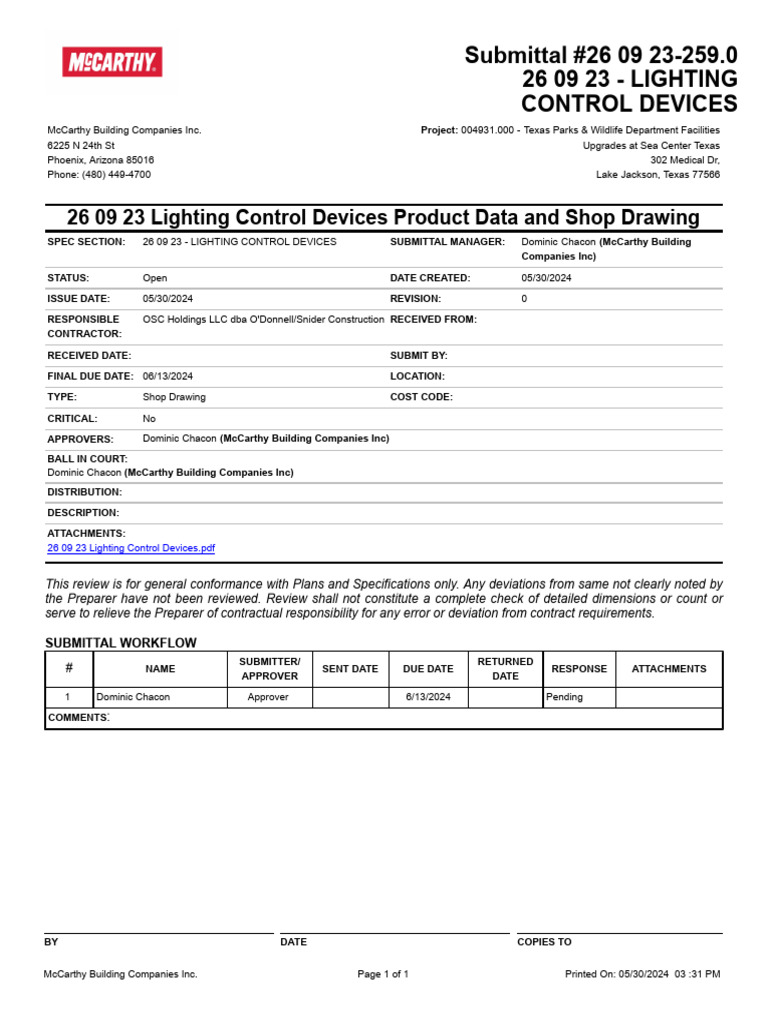 26 09 23 Lighting Control Devices Product Data and Shop Drawing | PDF