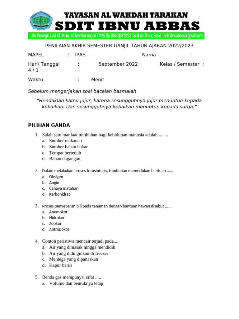 Soal Ulangan IPAS UAS GANJIL | PDF Soal Ulangan IPAS UAS GANJIL | PDF