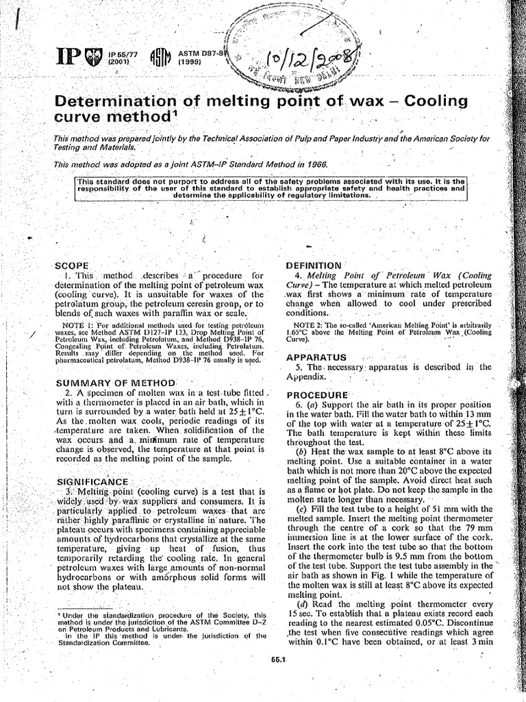 Ip 55 - Determination of Melting of Wax - Cooling Curve Method | PDF