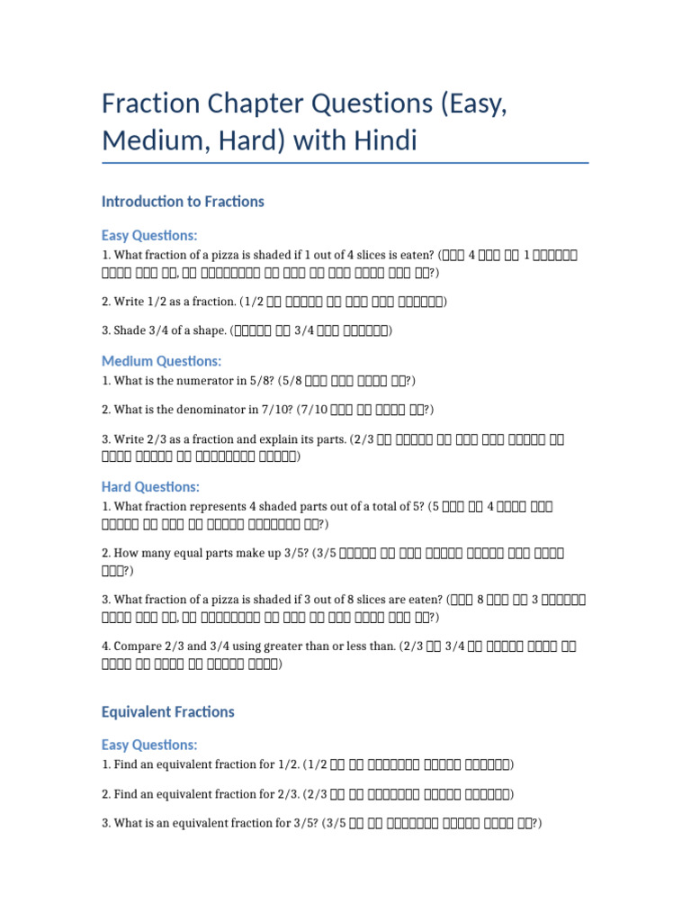 Fractions Chapter Questions Hindi | PDF