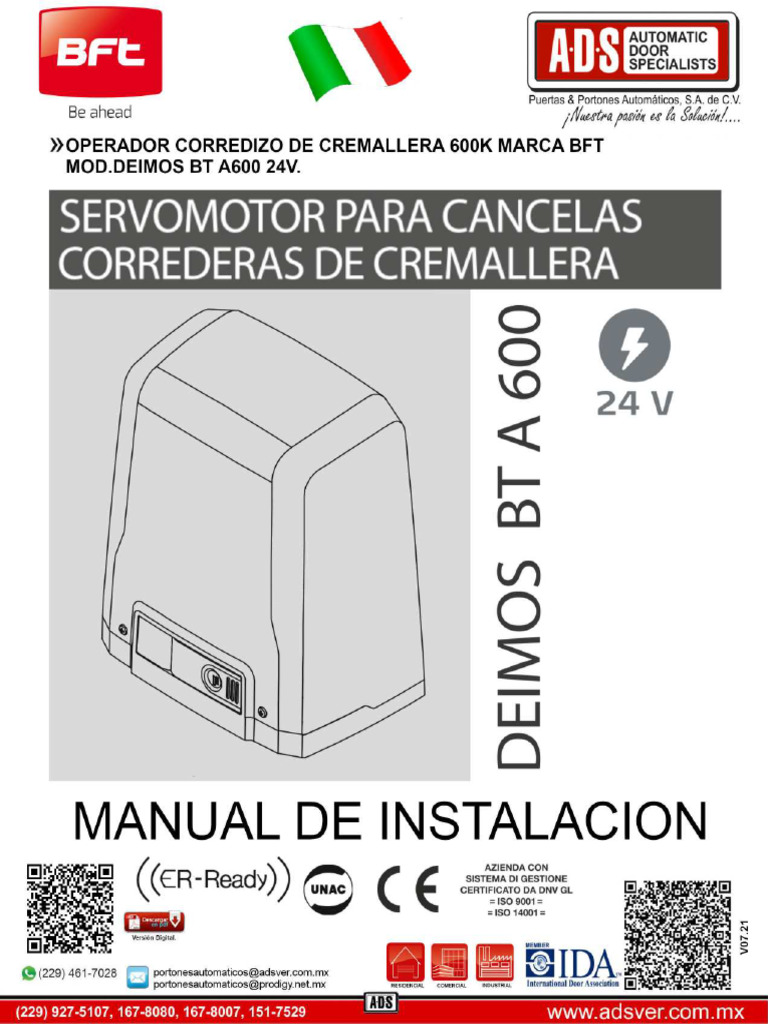 Operador Corredizo de Cremallera 600k Marca BFT Mod - Deimos BT A600 24v | PDF