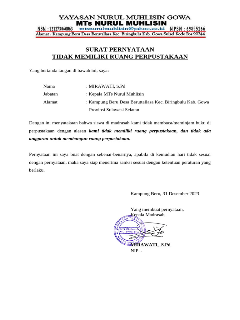A.5-edm-SURAT PERNYATAAN Tiak Memiliki Ruang Pustaka - Acc - FINAL | PDF
