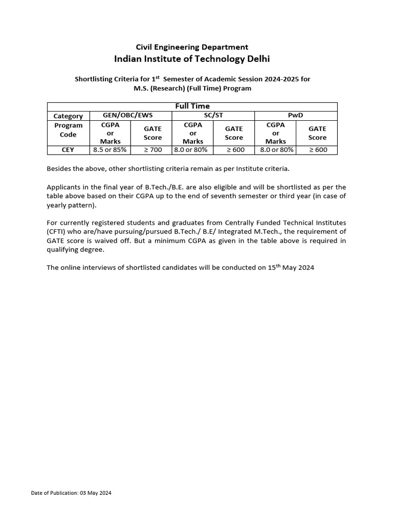 Shortlisting - Criteria - MSR (FT - PT - SPO) - 2024-2025 - Sem 1 | PDF