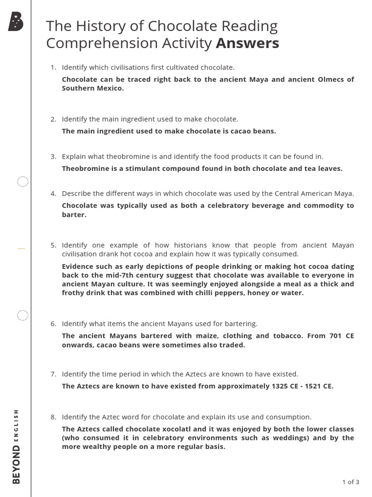 The History of Chocolate - Reading Comprehension Activity Answers | PDF
