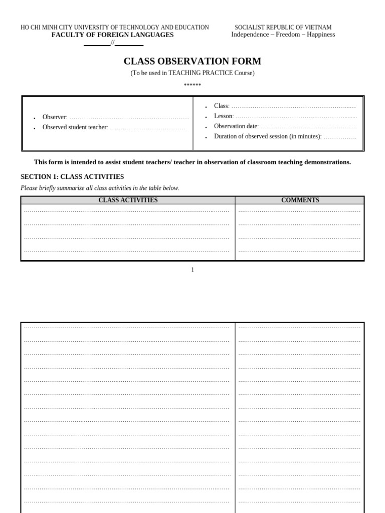 (Teaching Practice) Class Observation Form | PDF