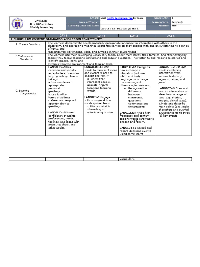 DLL Matatag Language 1 q1 w3 | PDF