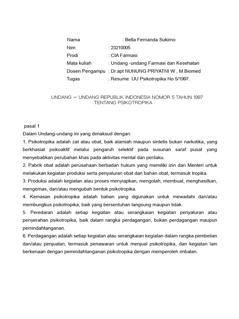 Resume UU Psikotropika No 51997 | PDF
