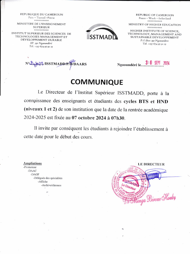 Communique Rentree Academique 2024-2025 BTS-HND | PDF