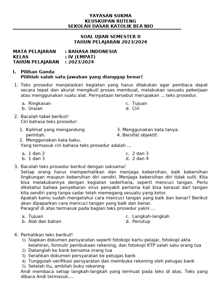 Soal Bindo Kelas 4 Edit | PDF | Foreign Language Studies