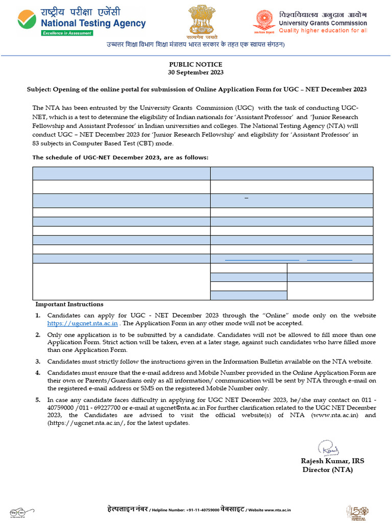 Public Notice Ugc Net December 2023 For Application | PDF