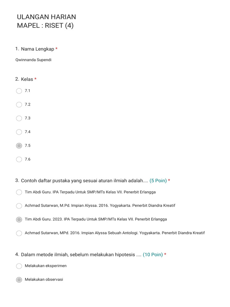 Ulangan Harian Mapel - Riset | PDF