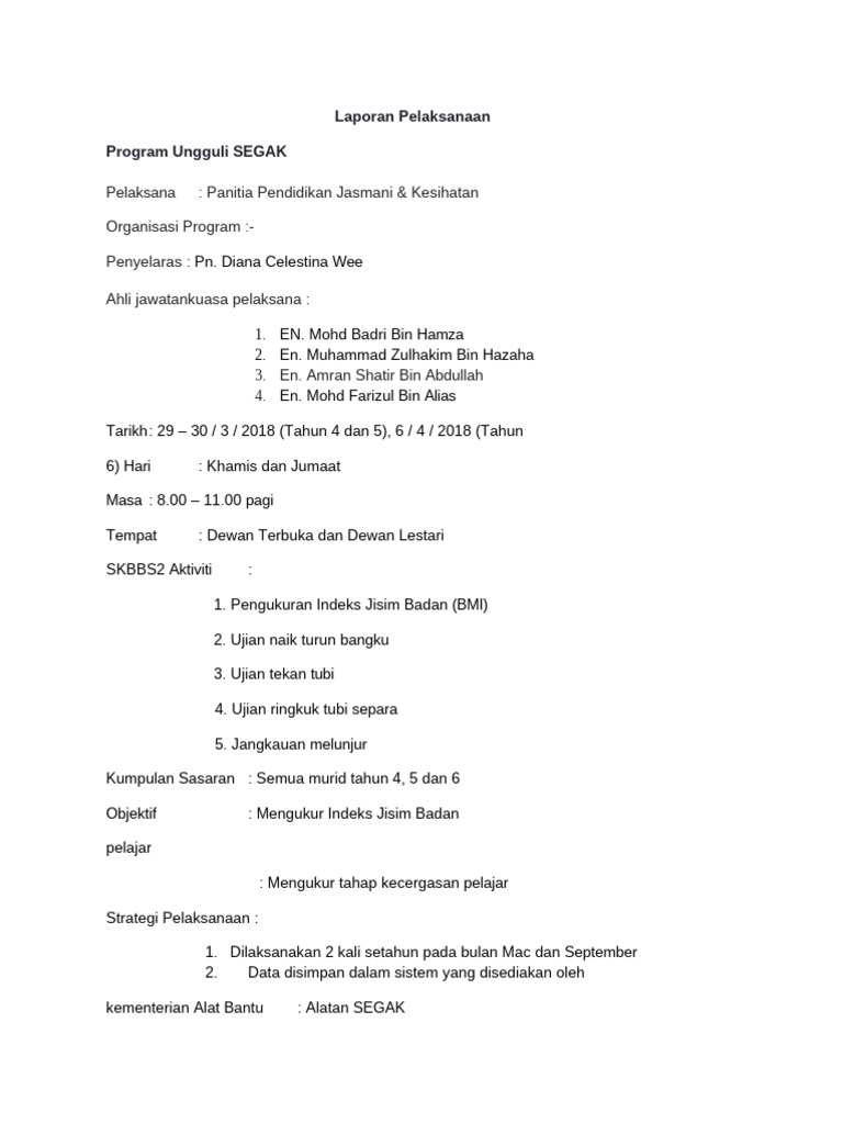 Laporan Pelaksanaan Program Ungguli SEGA1 | PDF