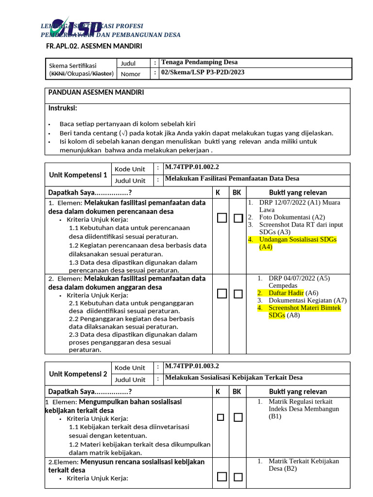 FR - Apl 02. Asesmen Mandiri Ver 2023 Skema PD | PDF