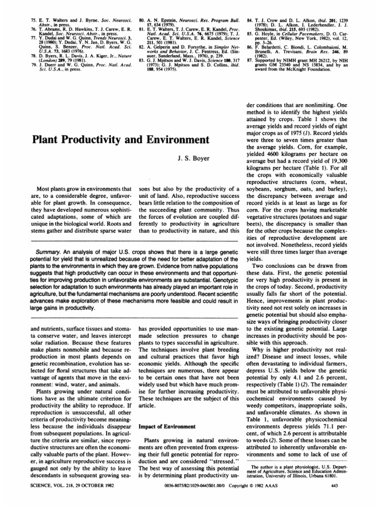Plant Productivity and Environment - Boyer1982 | PDF | Soil | Home & Garden