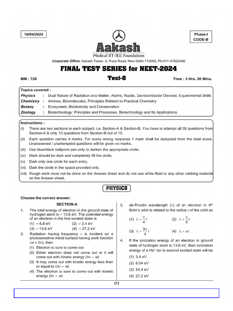 FTS 8 CODE B Viju QUE @CET - JEE - NEET | PDF