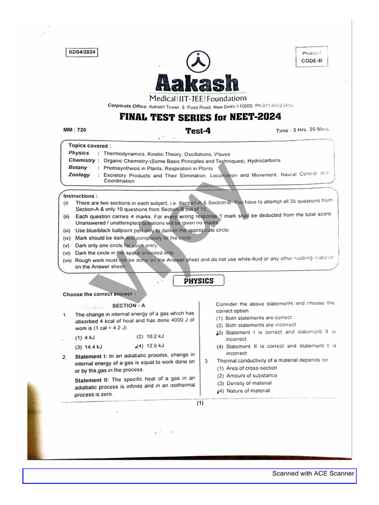 Fts 4 Code B Viju Rm+Oym Que @cet - Jee - Neet | PDF