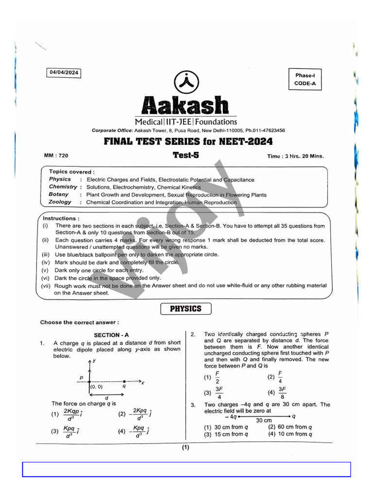 Fts 5 Code A Viju Rm+Oym Que @cet - Jee - Neet | PDF