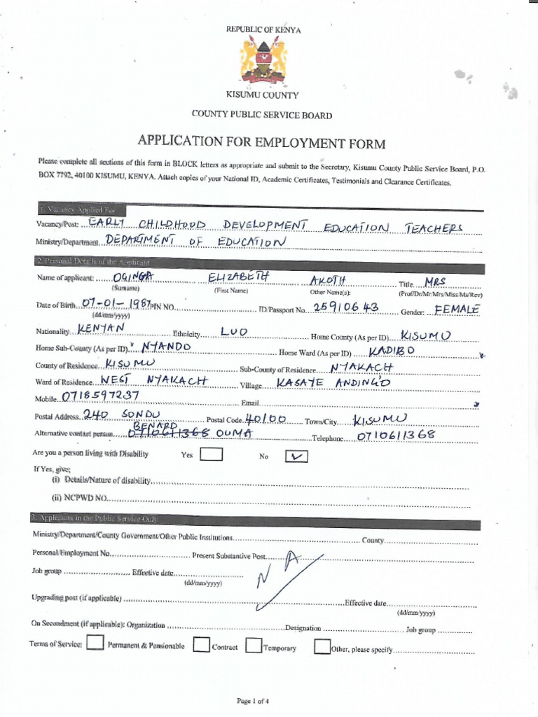 Elizabeth Akoth Oginga Ecde Application | PDF