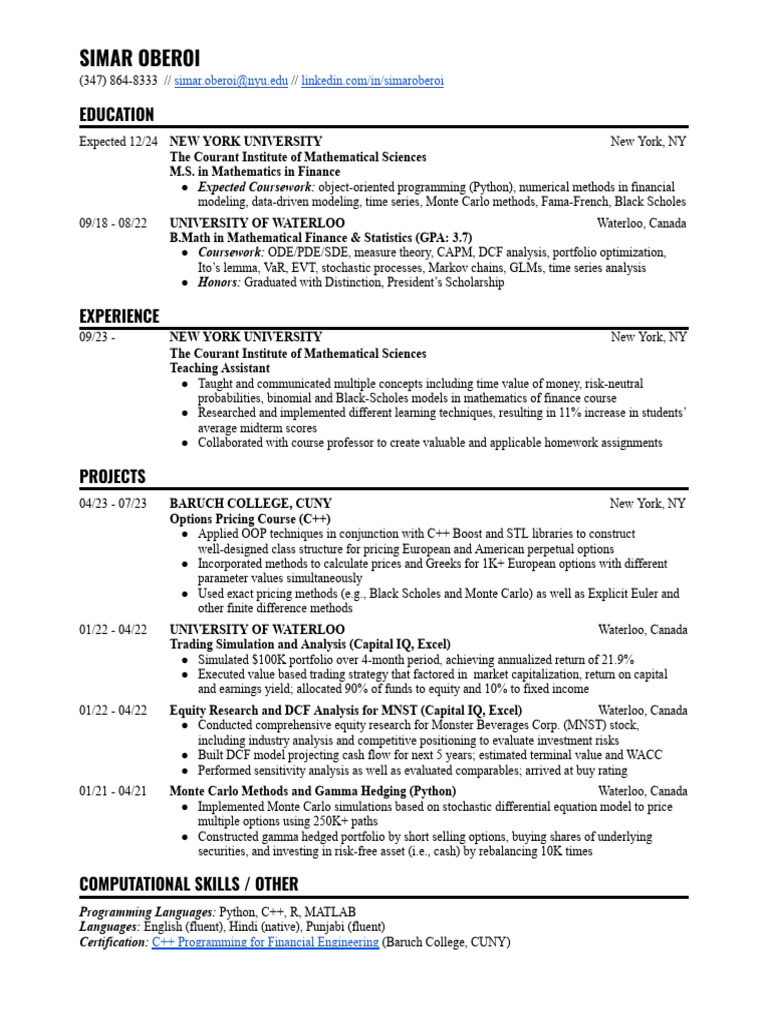 Simar Oberoi Resume Updated 2024 PDF | PDF