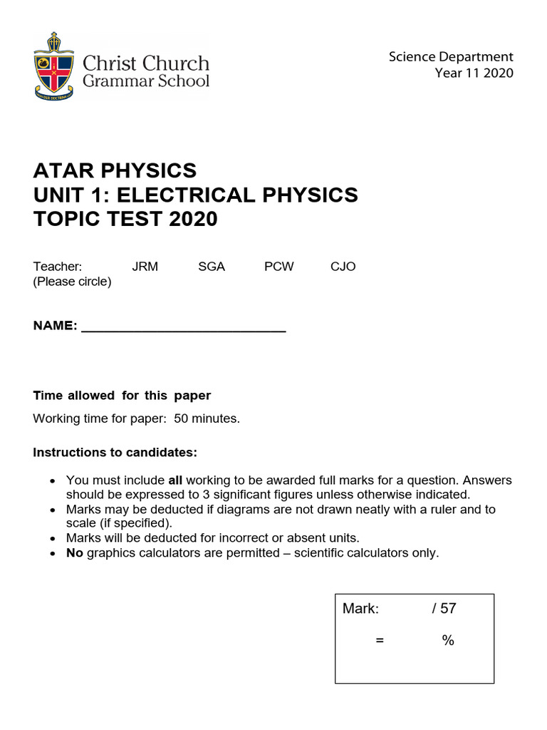 Atar Physics Unit 1: Electrical Physics Topic Test 2020: Science ...
