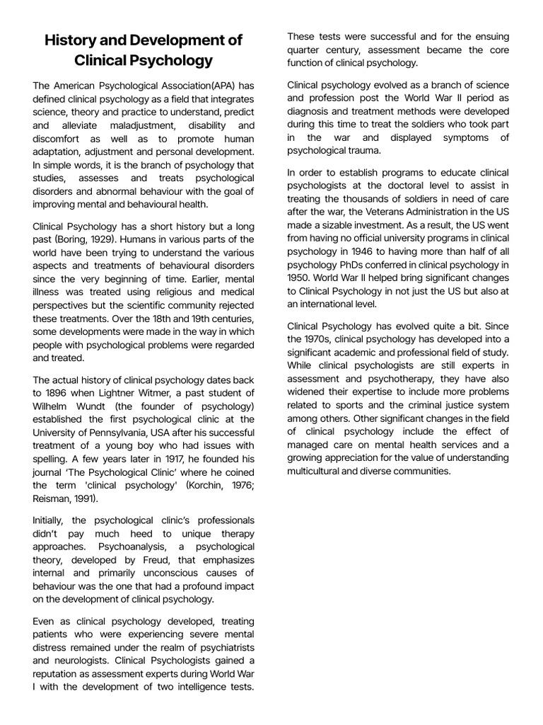 History and Development of Clinical Psychology | PDF