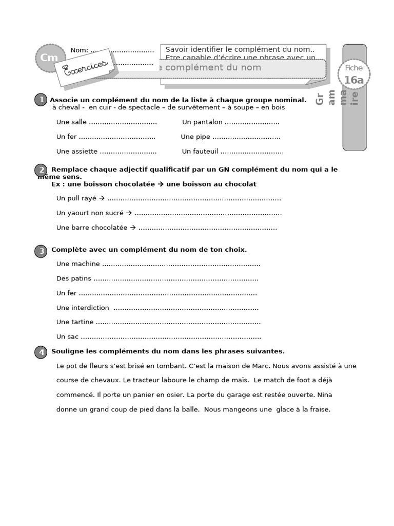 cm1 Exercices Complement Nom | PDF