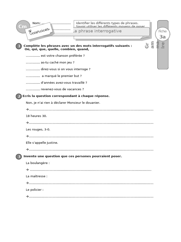 Cm1 Exercices Phrase Interrogative | PDF