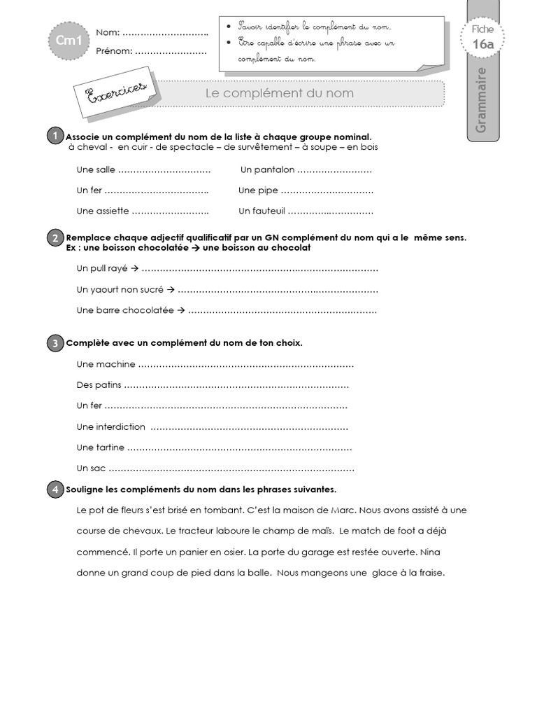 Cm1 Exercices Complement Nom | PDF