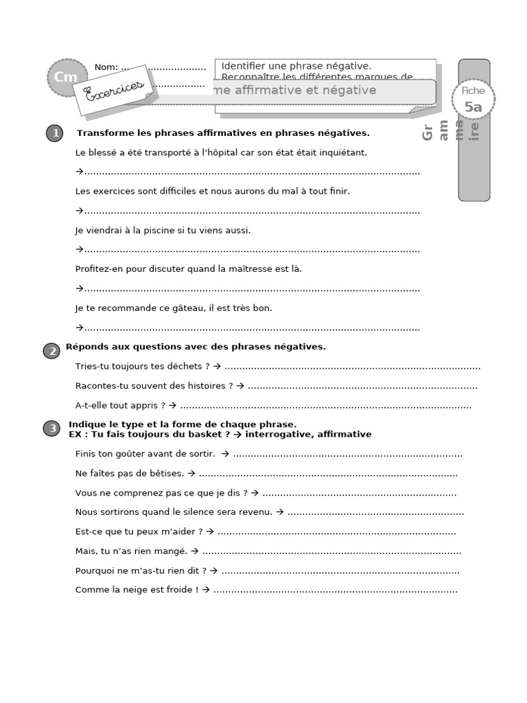 Cm1 Exercices Forme Negative | PDF