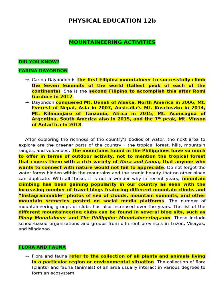 PHYSICAL EDUCATION 12b (MOUNTAINEERING ACTIVITIES) | PDF