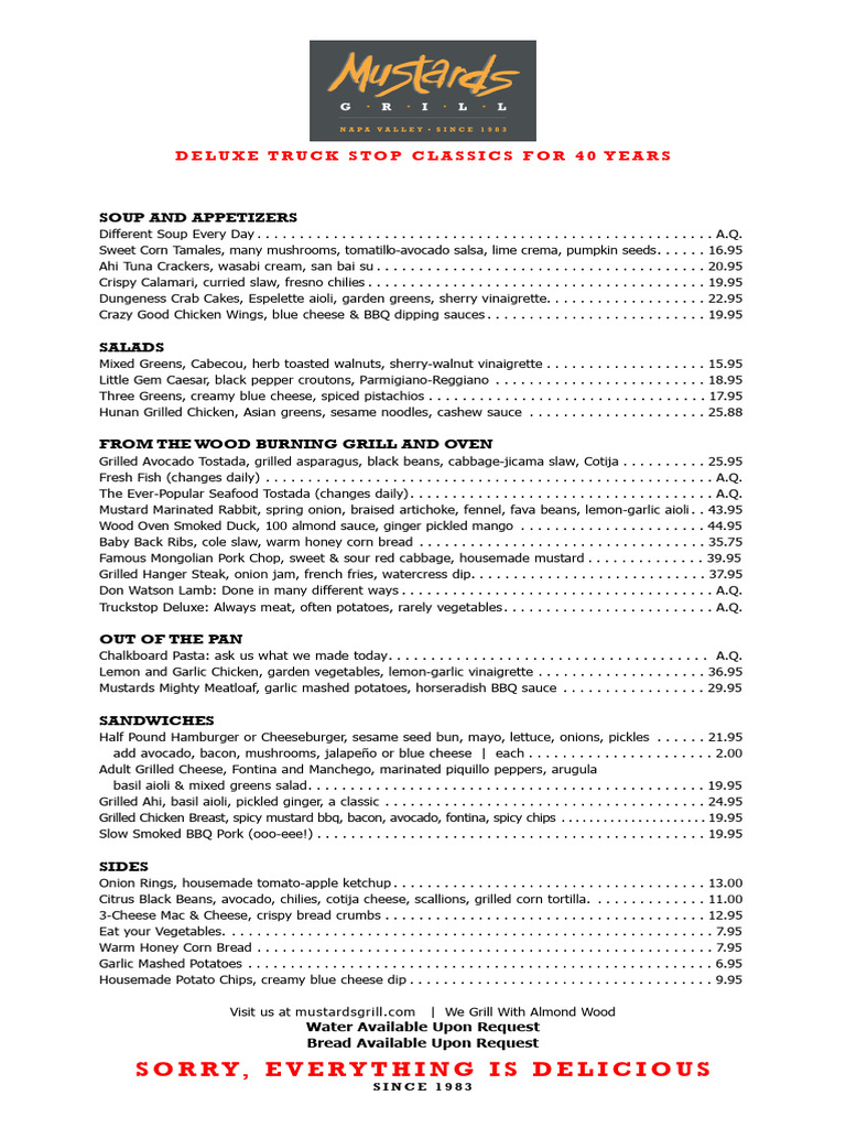 Mustards Menu 4.26 | PDF | Grilling | Cooking, Food & Wine