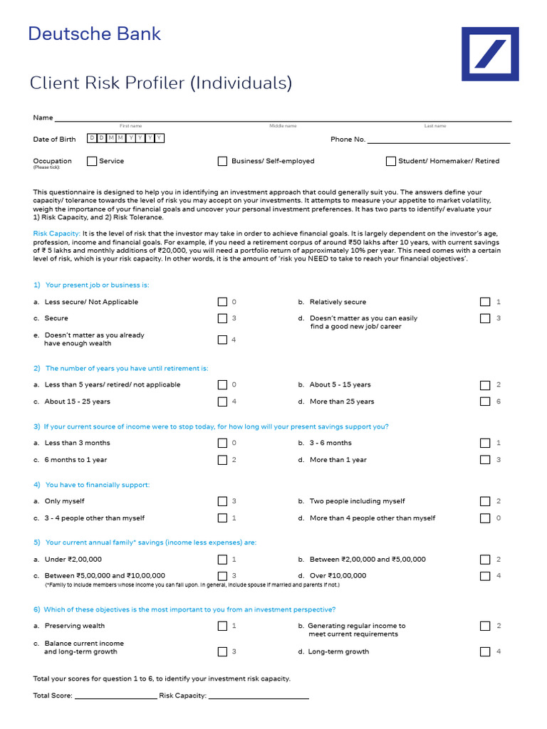 Risk Profiler Form Individuals | PDF | Investing | Risk
