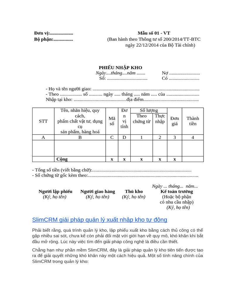 Mau Phieu Nhap Kho Theo Thong Tu 200 | PDF