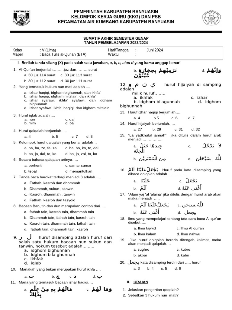Soal Sas Bta Kelas 5 | PDF