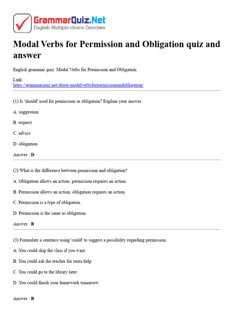 Modal Verbs For Permission and Obligation Quiz and Answer | PDF | Verb ...
