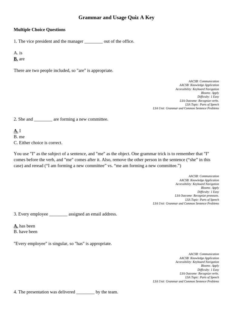 Grammar and Usage Instructor Quiz A | PDF